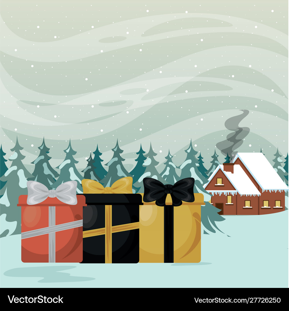 Christmas snowscape scene with gift boxes presents