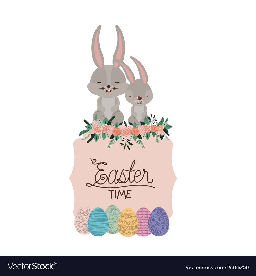 Easter time frame with bunnies couple on top Vector Image