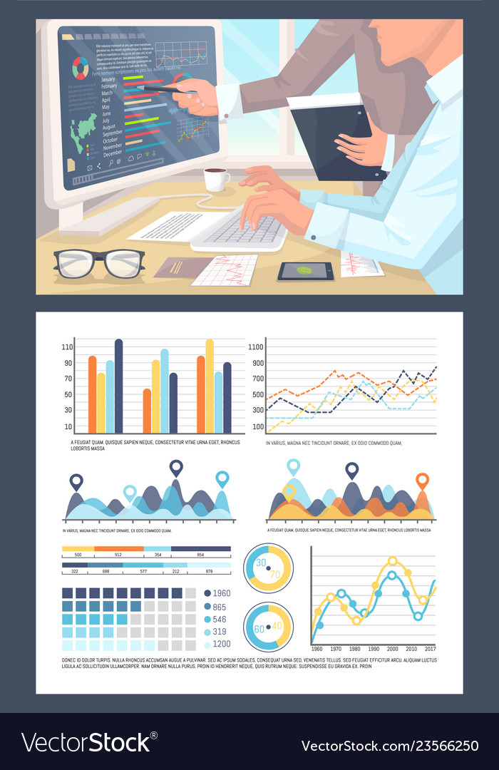 Infographics and pie diagrams working on research Vector Image