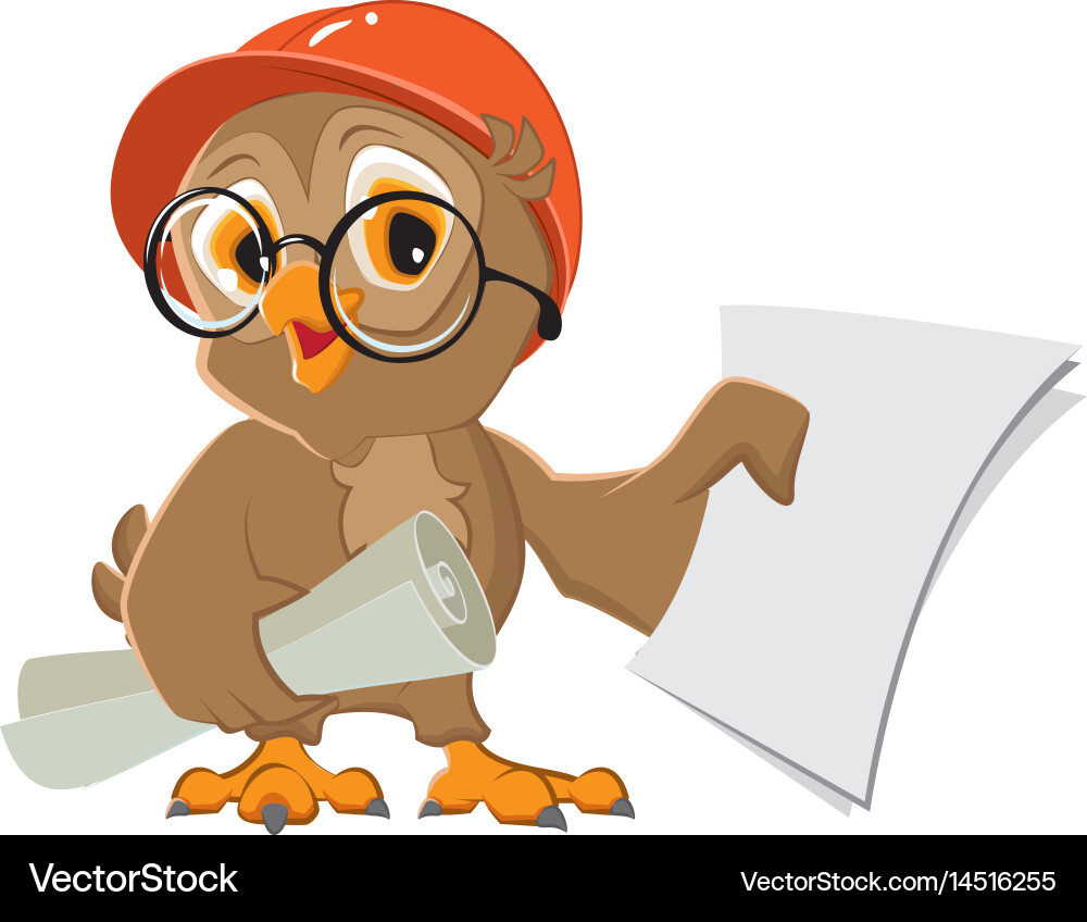 Owl engineer builder in helmet with drawings paper