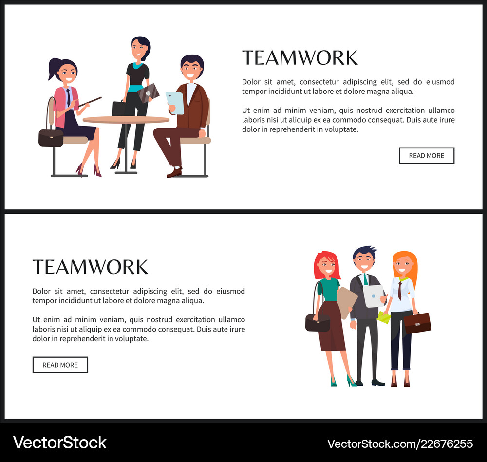 Teamwork promo poster with young employees set Vector Image