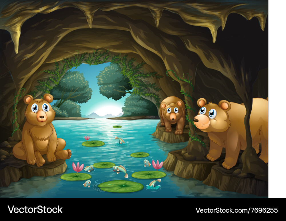 Three bears living in the cave Royalty Free Vector Image