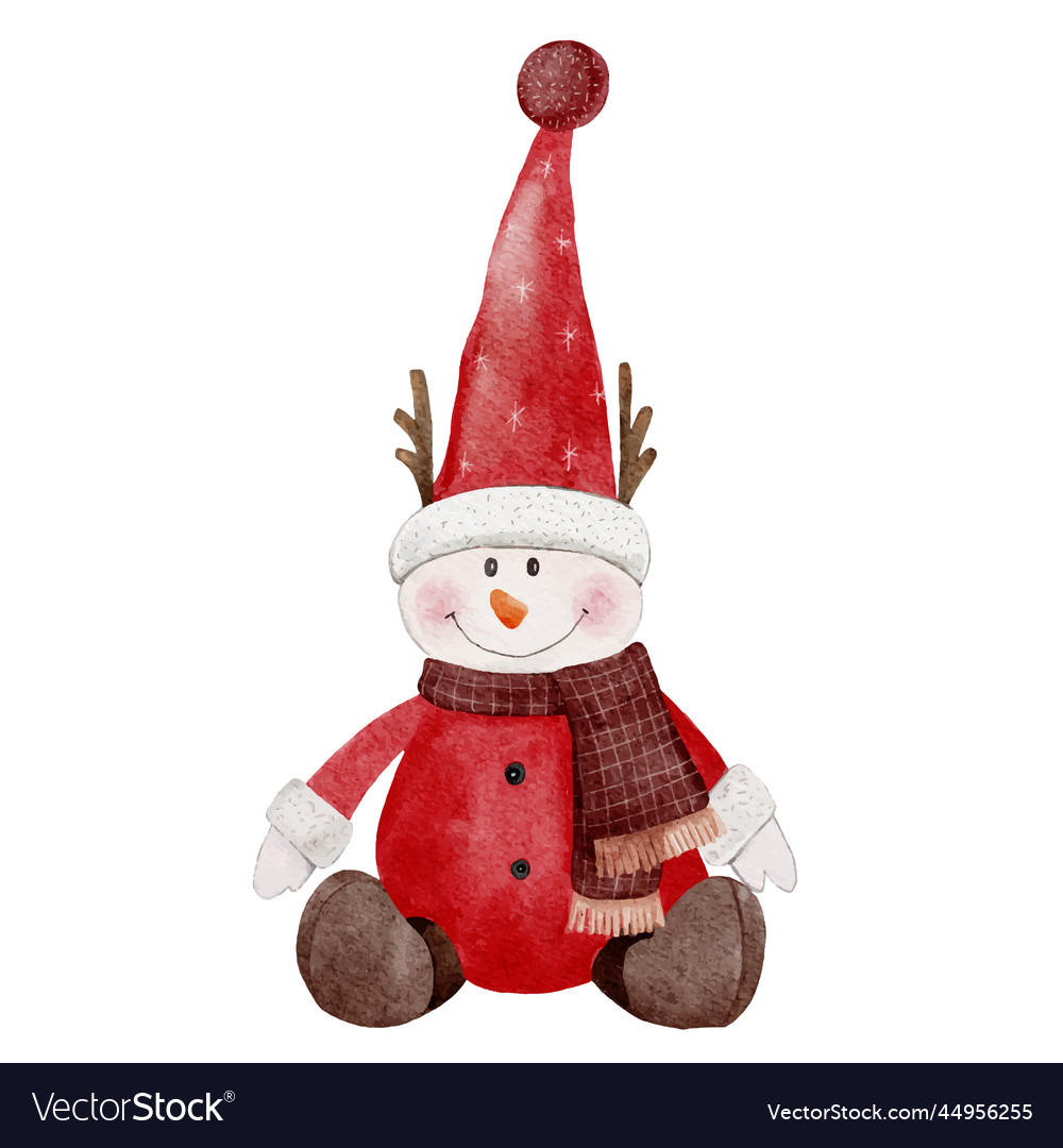 Watercolor cute cheerful snowman wearing santa Vector Image