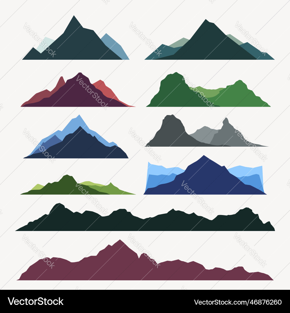 Multicolor of mountain silhouettes isolate in set Vector Image