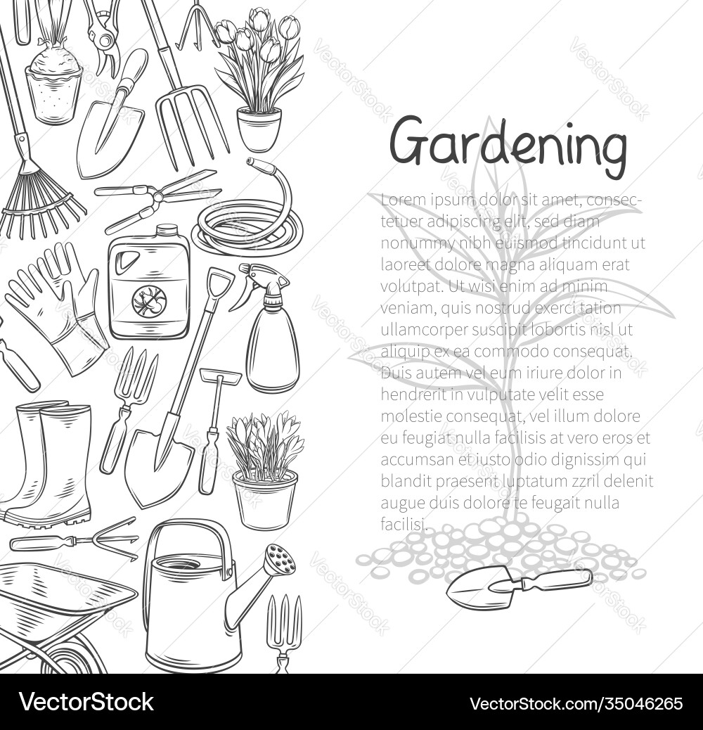 Gardening tools poster outline hand drawn Vector Image