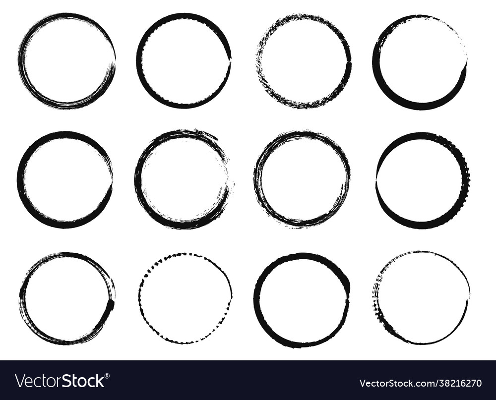 Grunge circle frames black ink brush round shapes Vector Image