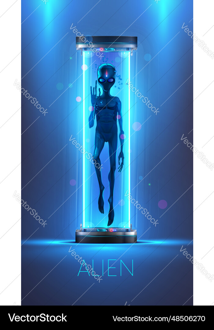 Scary alien in glass capsule laboratory Royalty Free Vector