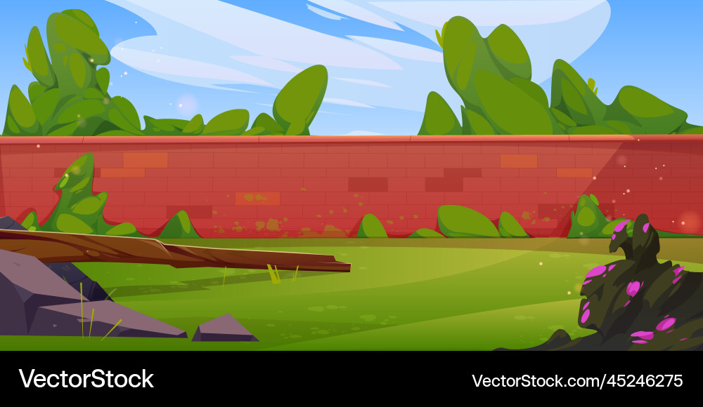Backyard with brick wall fence green grass Vector Image