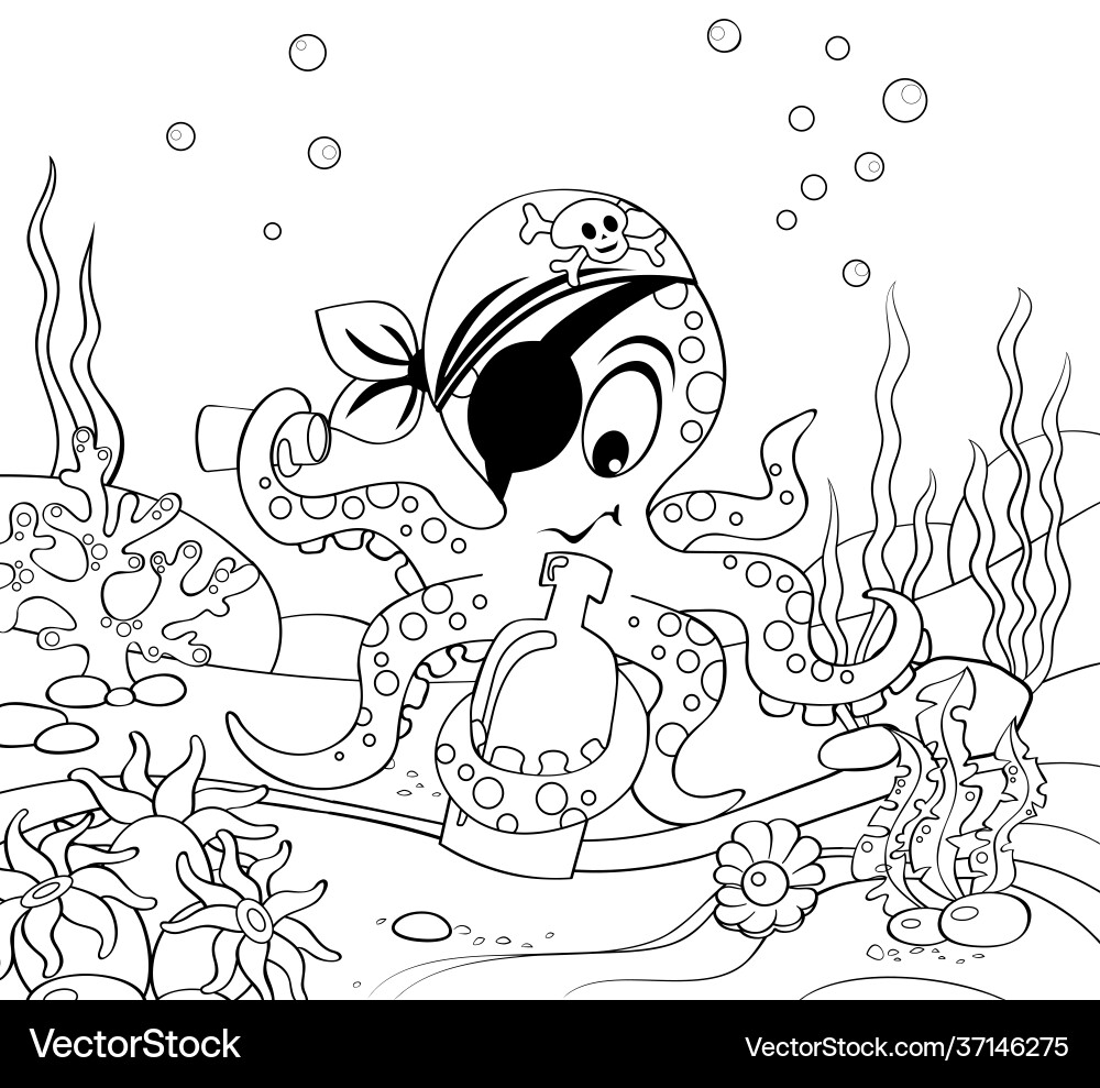 Cartoon pirate octopus with bottle underwater Vector Image
