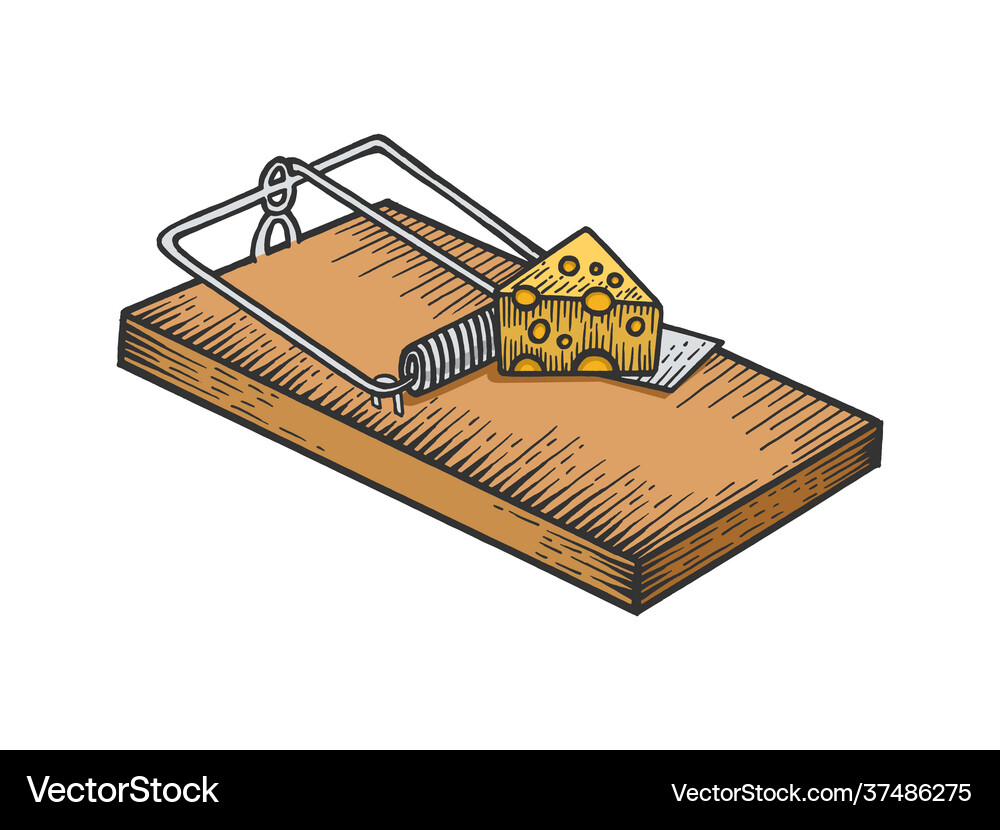 Mousetrap and cheese sketch engraving Royalty Free Vector