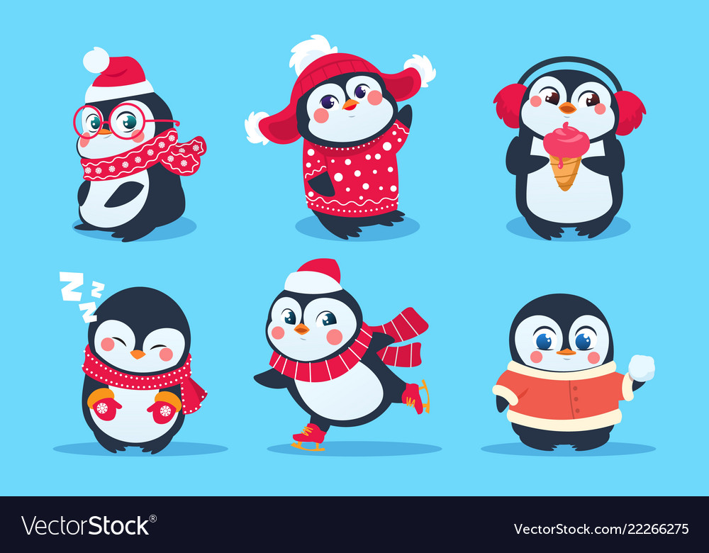 Penguins christmas penguin characters in winter Vector Image