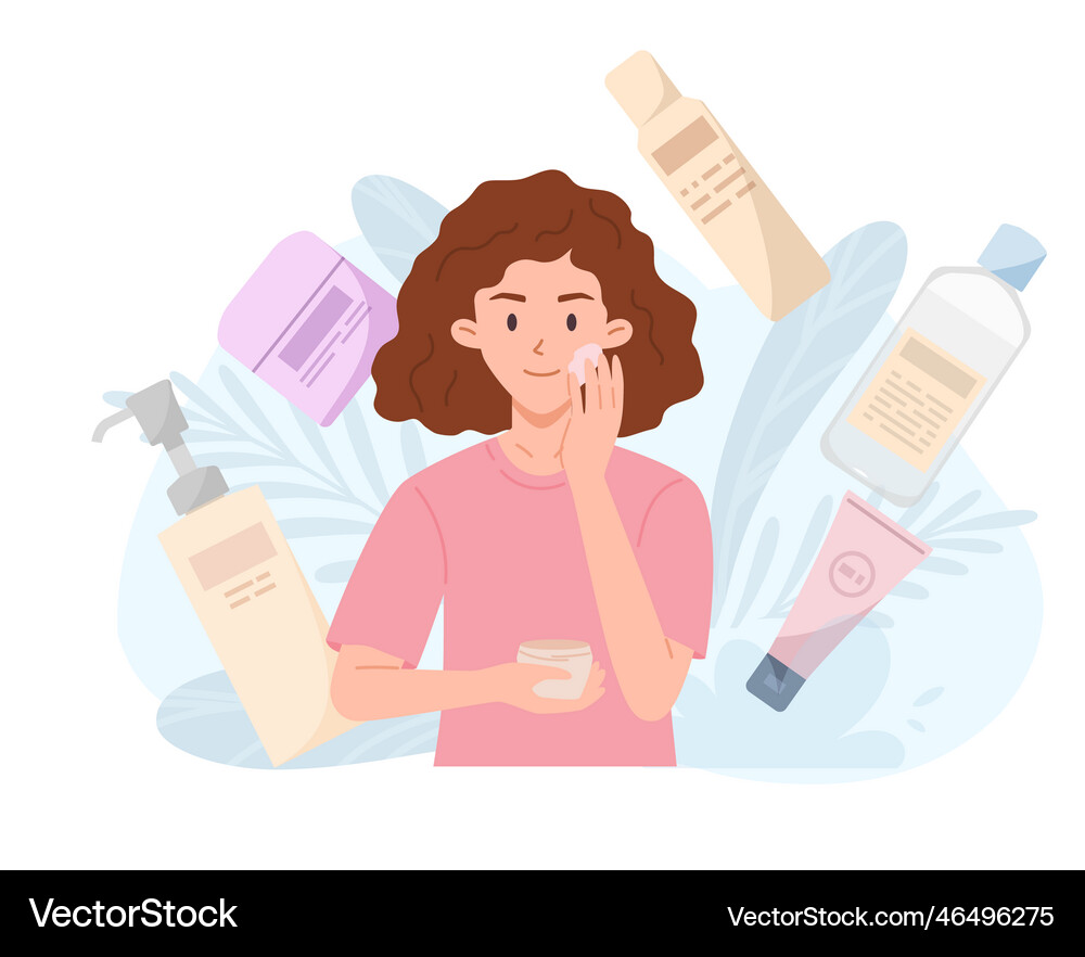 Woman applying moisturizing cream on face flat Vector Image