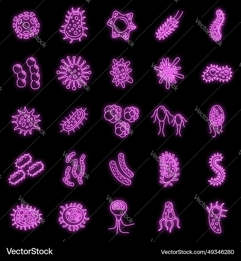 Bacteria biology icons set neon Royalty Free Vector Image