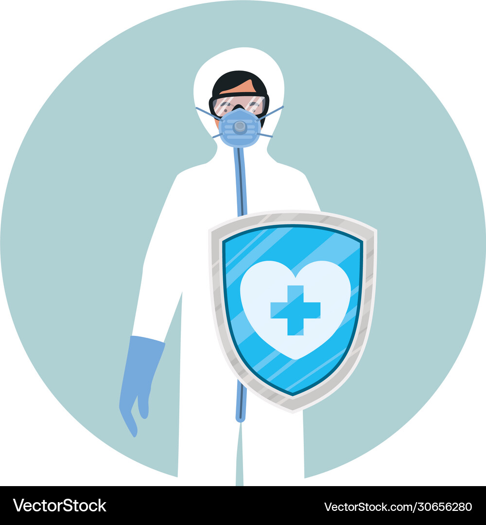 Doctor with protective suit and shield against Vector Image