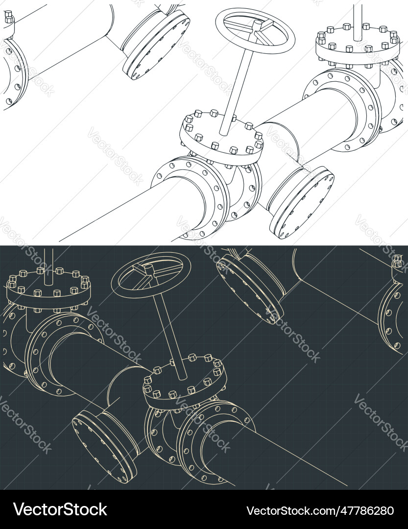 Pipes and valves isometric blueprints Royalty Free Vector