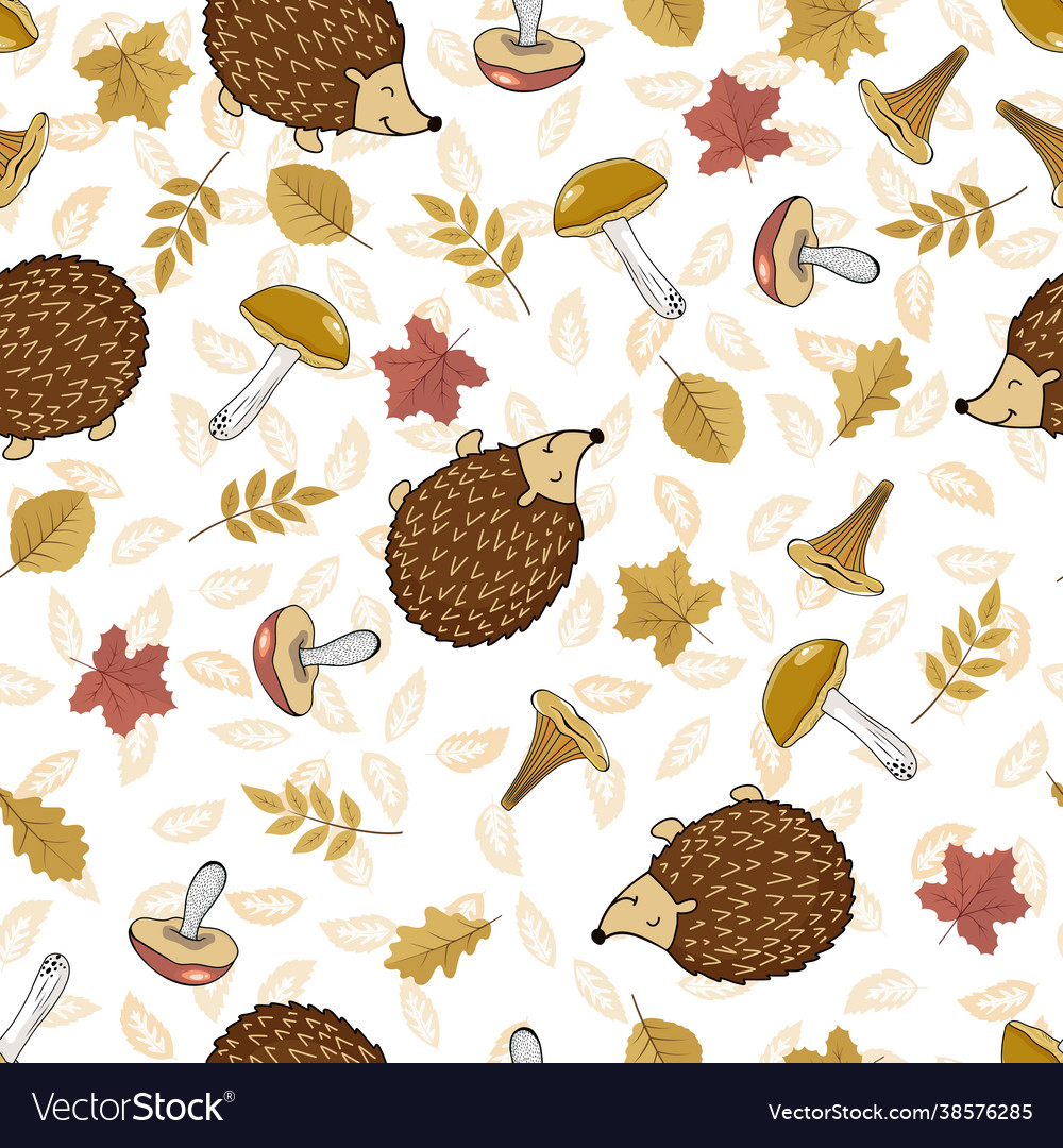 Cute hedgehogs with leaves and mushrooms seamless Vector Image