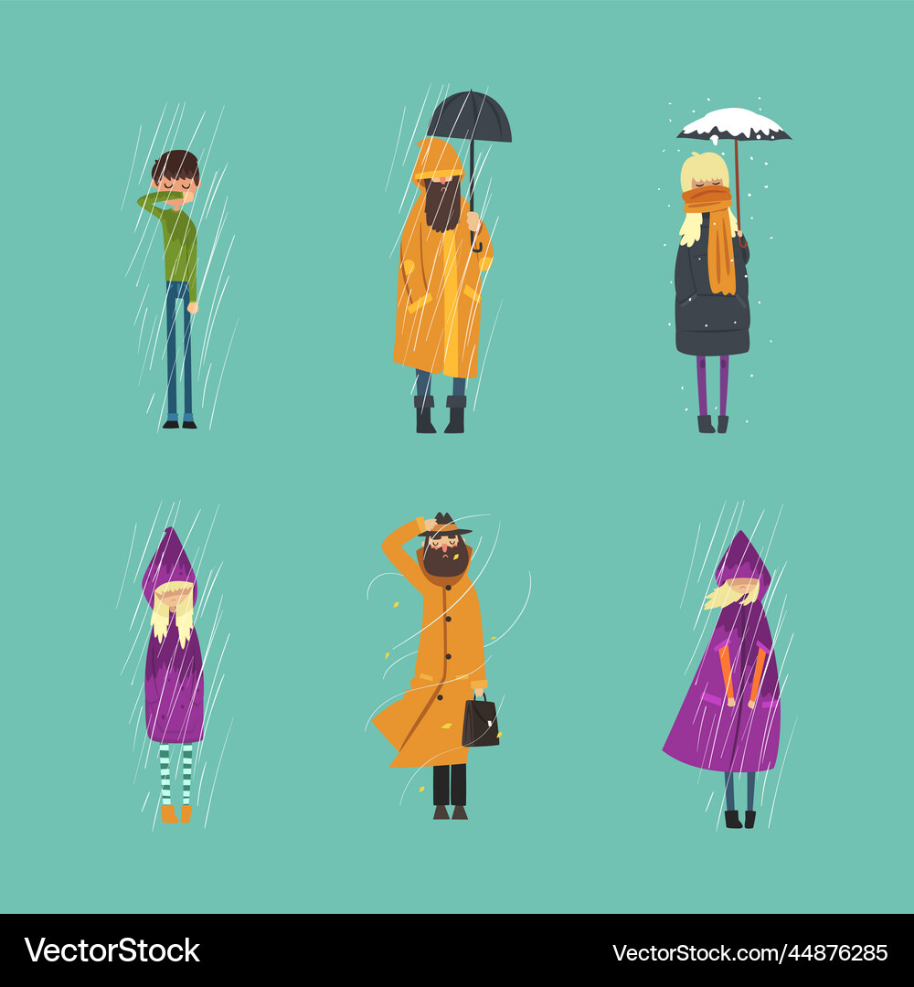 Frozen people standing in heavy rain and cold wind