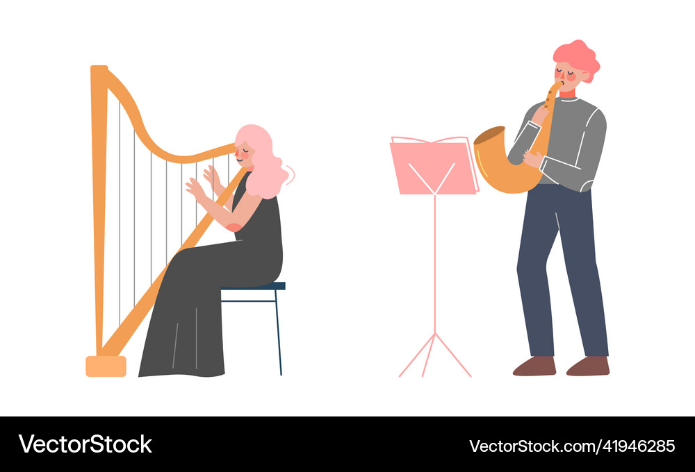 Professional musicians playing harp and wind Vector Image