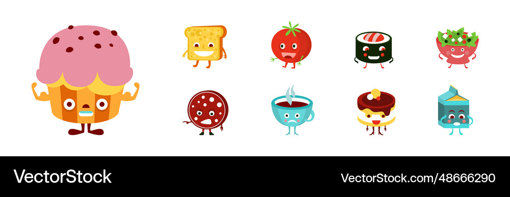 Cute food character with smiling faces set Vector Image
