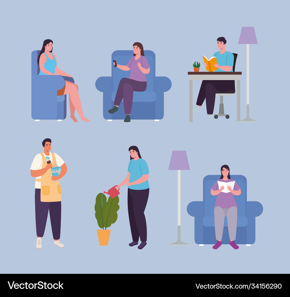 People doing activities at home icon set Vector Image