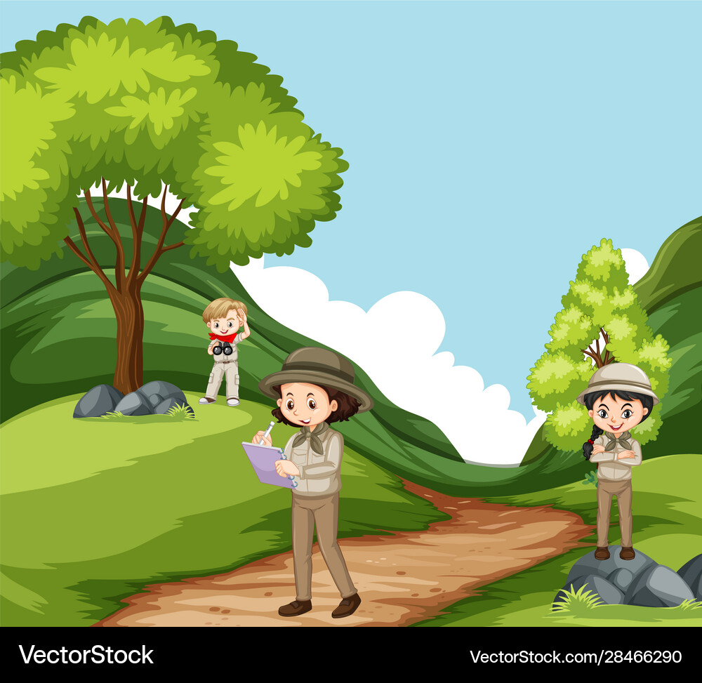 Scene with three children exploring nature in the Vector Image