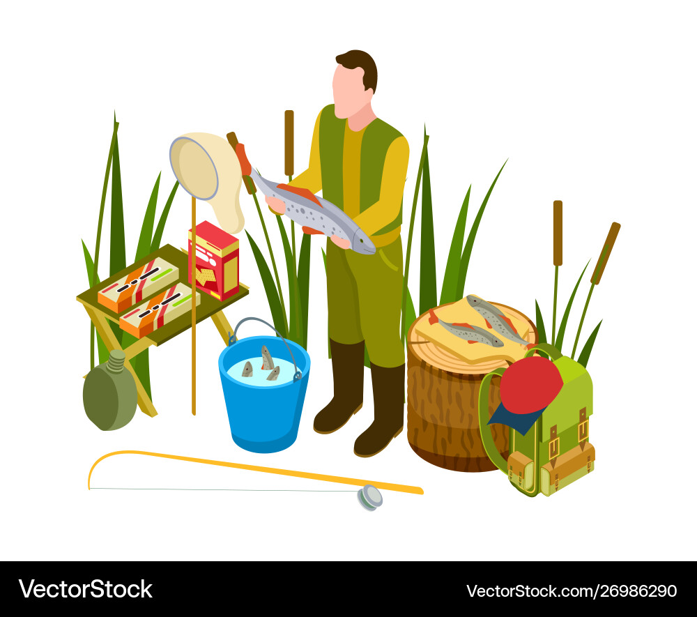 Successful fisherman concept isometric Royalty Free Vector
