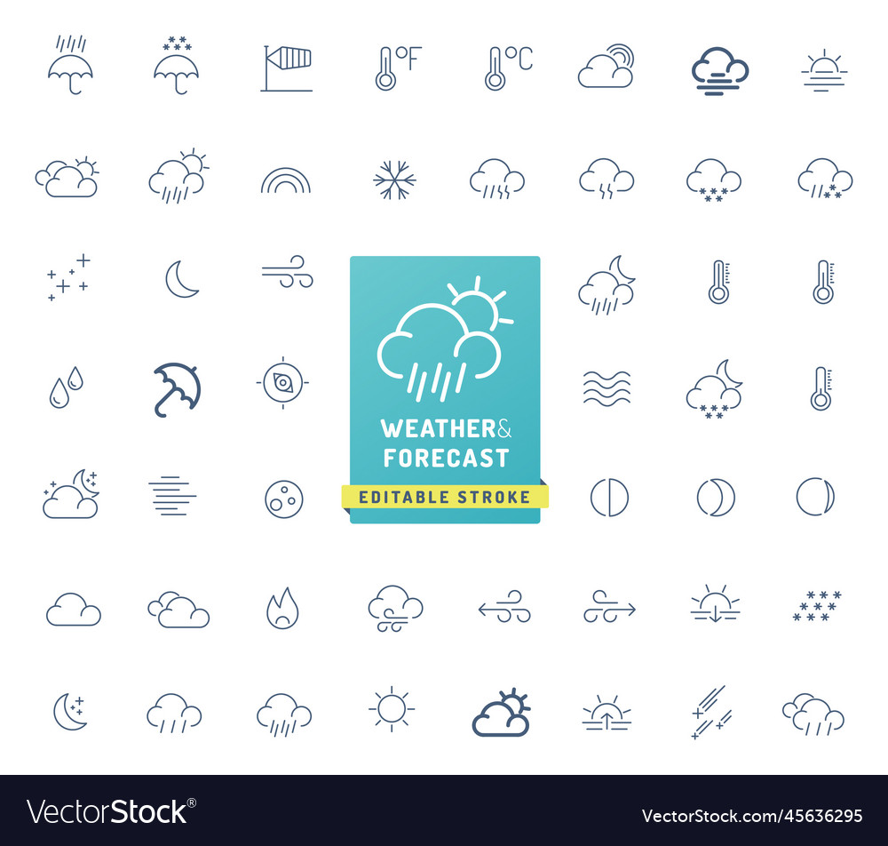 50 weather and forecast icons - editable stroke Vector Image