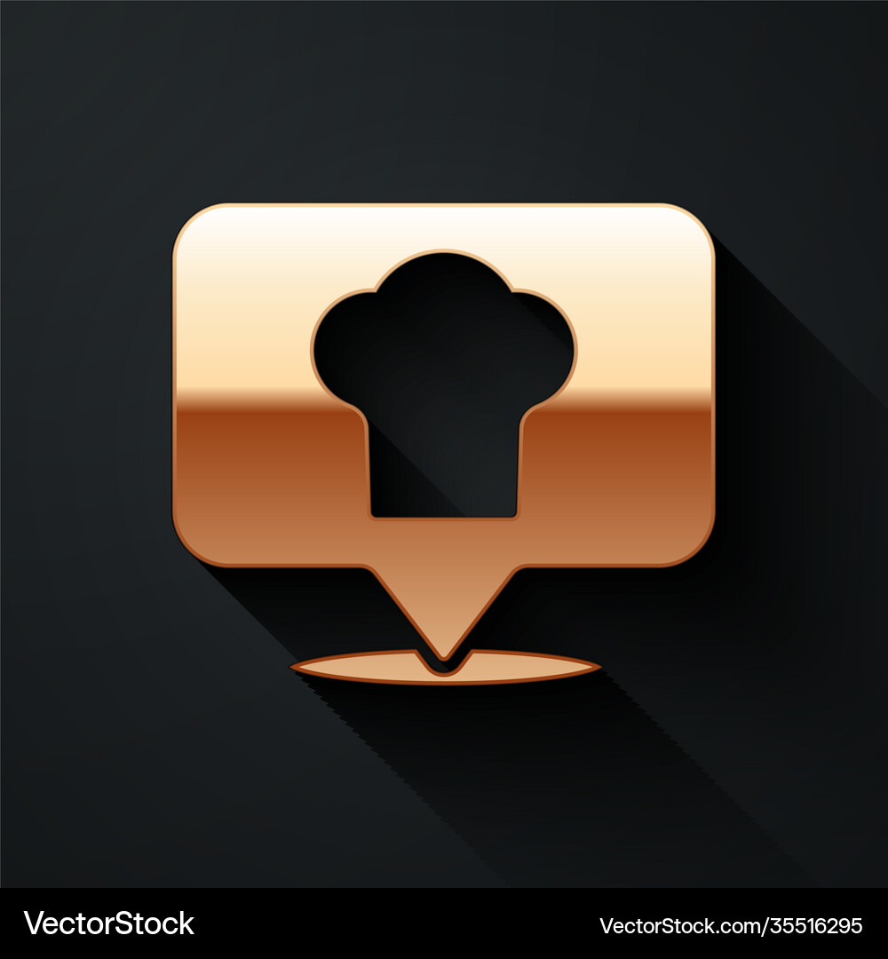 Gold chef hat with location icon isolated on black