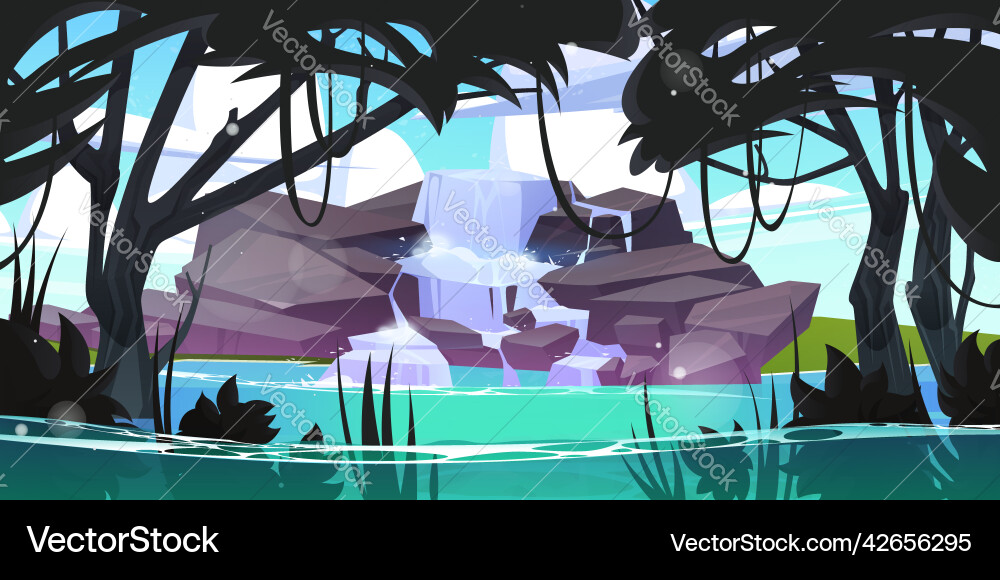 Tropical landscape with waterfall and jungle Vector Image