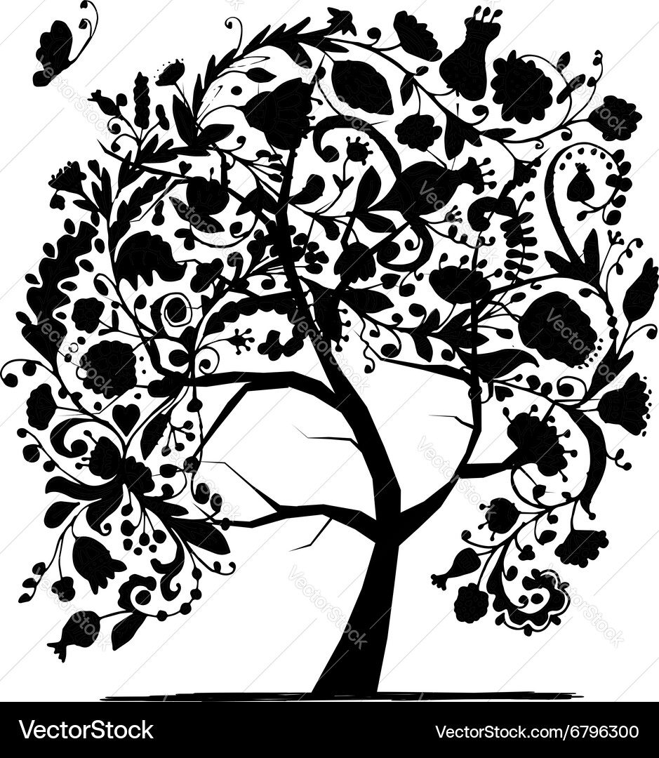 Floral tree black silhouette for your design Vector Image