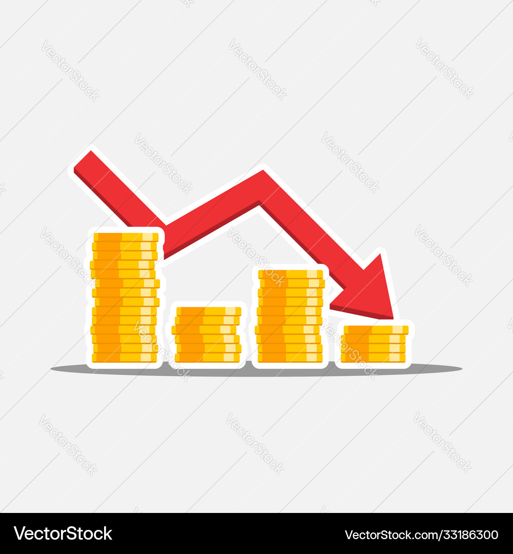 Gold coins price down red graph white stroke Vector Image