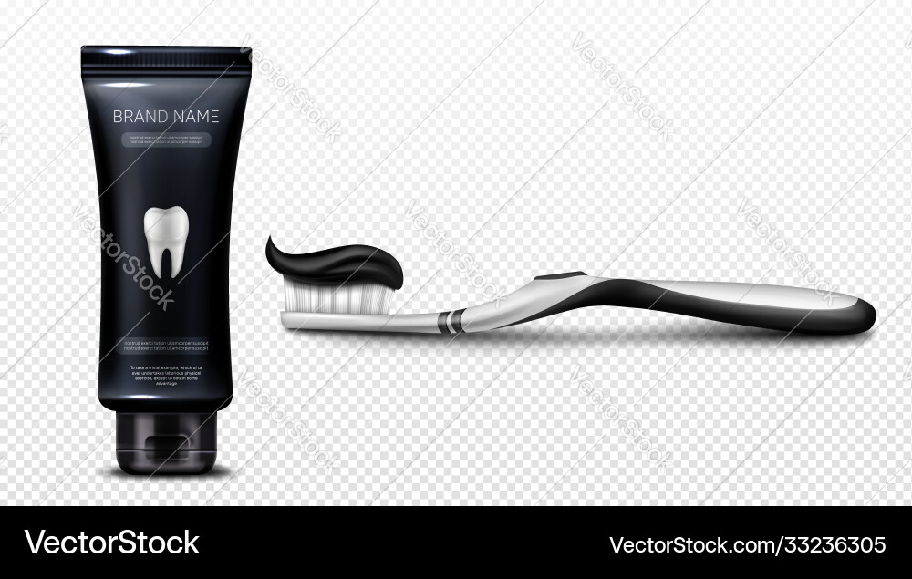 Black toothpaste in plastic tube and on brush Vector Image