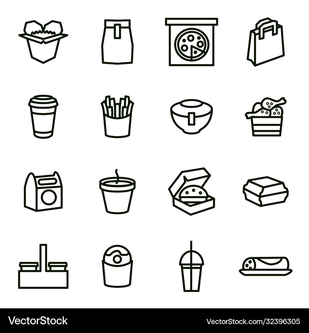 Take away food black thin line icon set Royalty Free Vector