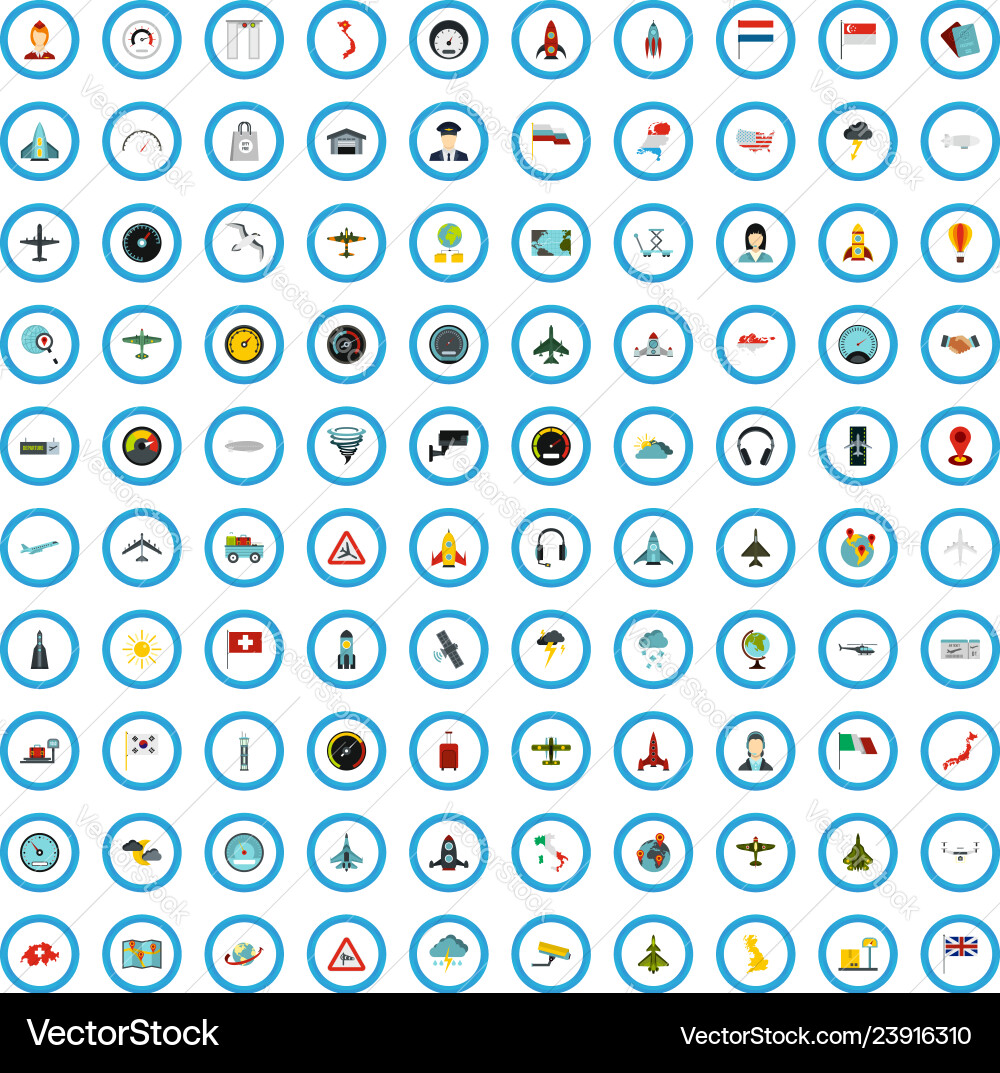100 air service icons set flat style Royalty Free Vector