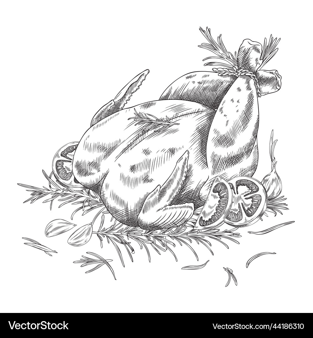 Hand drawn monochrome cooked chicken with spices Vector Image