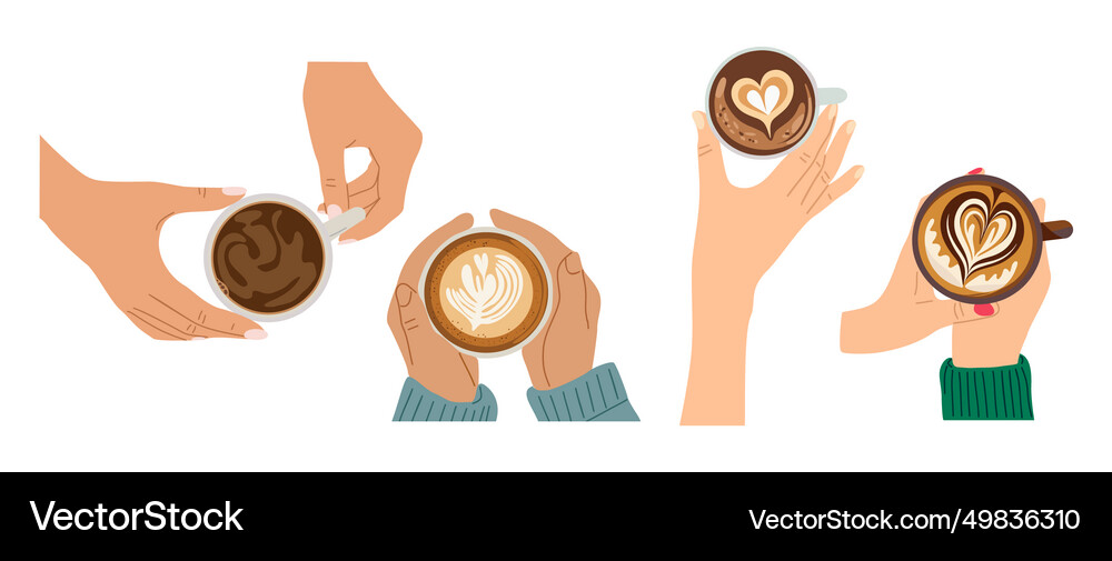 Hands holding cups with different types of coffee Vector Image