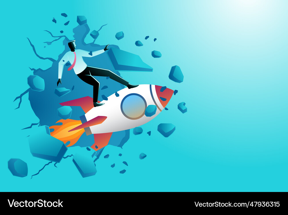 Businessman standing on rocket break through wall Vector Image