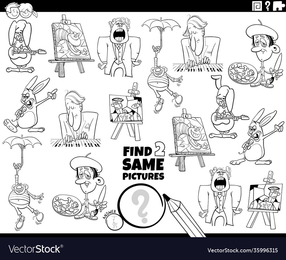 Find two same comic characters task coloring book Vector Image