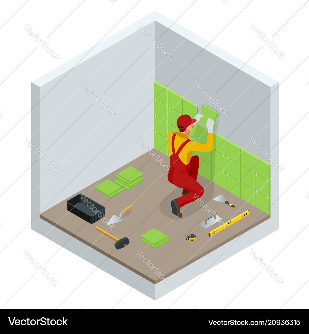 Laying tiles at home worker installing small Vector Image