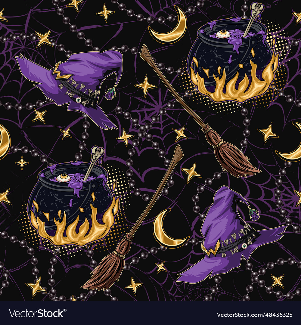 Halloween pattern with magic stuff Royalty Free Vector Image