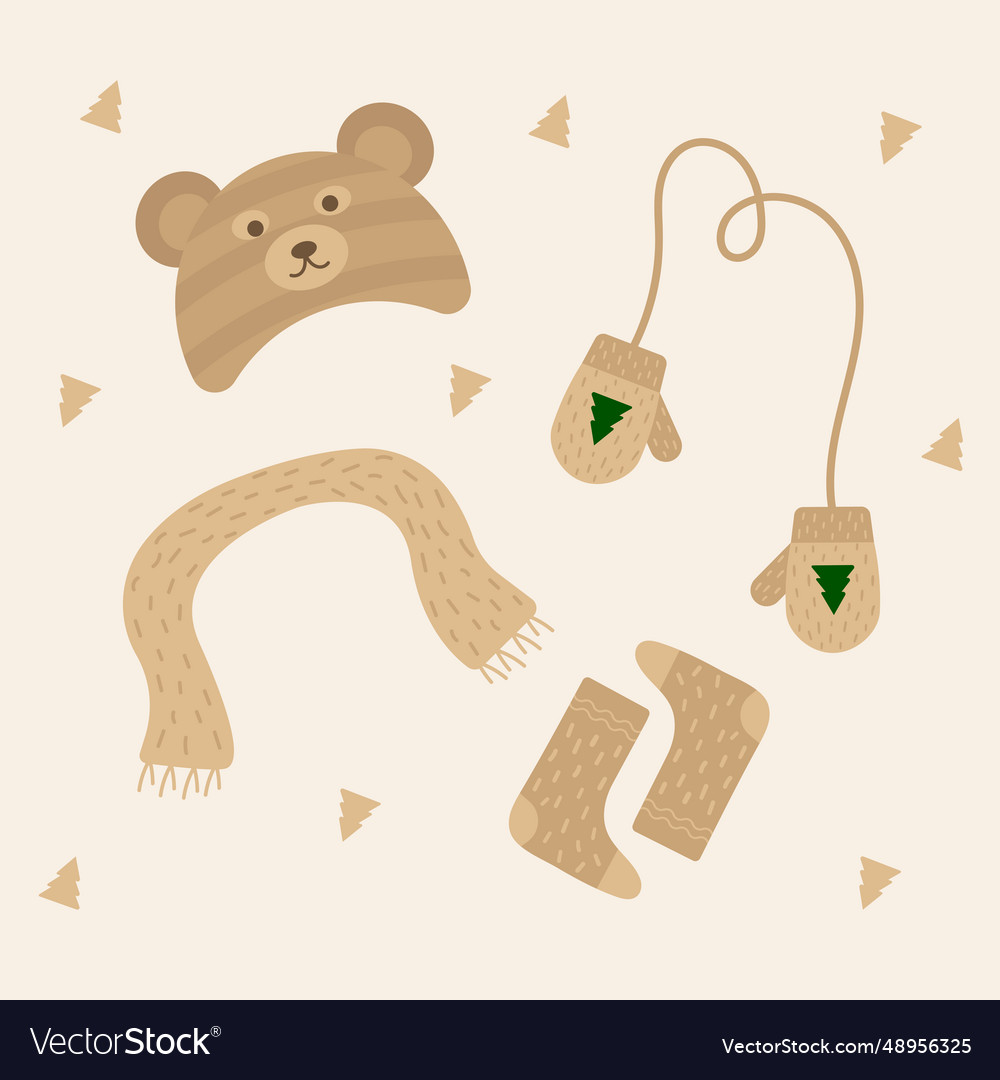 Winter children hat with a bear and scarf Vector Image