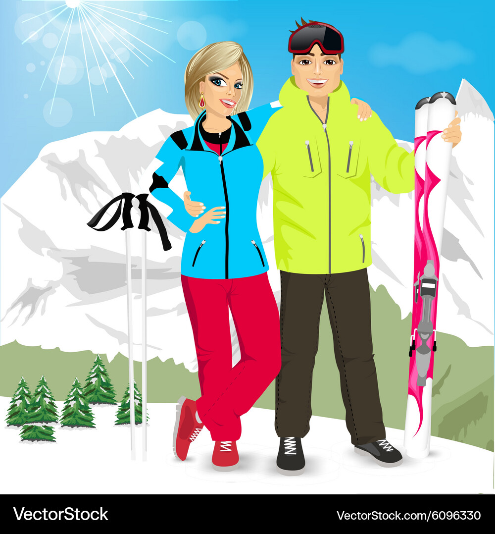 Happy couple skiers Royalty Free Vector Image - VectorStock