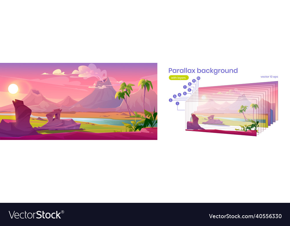 Parallax background with landscape volcano Vector Image