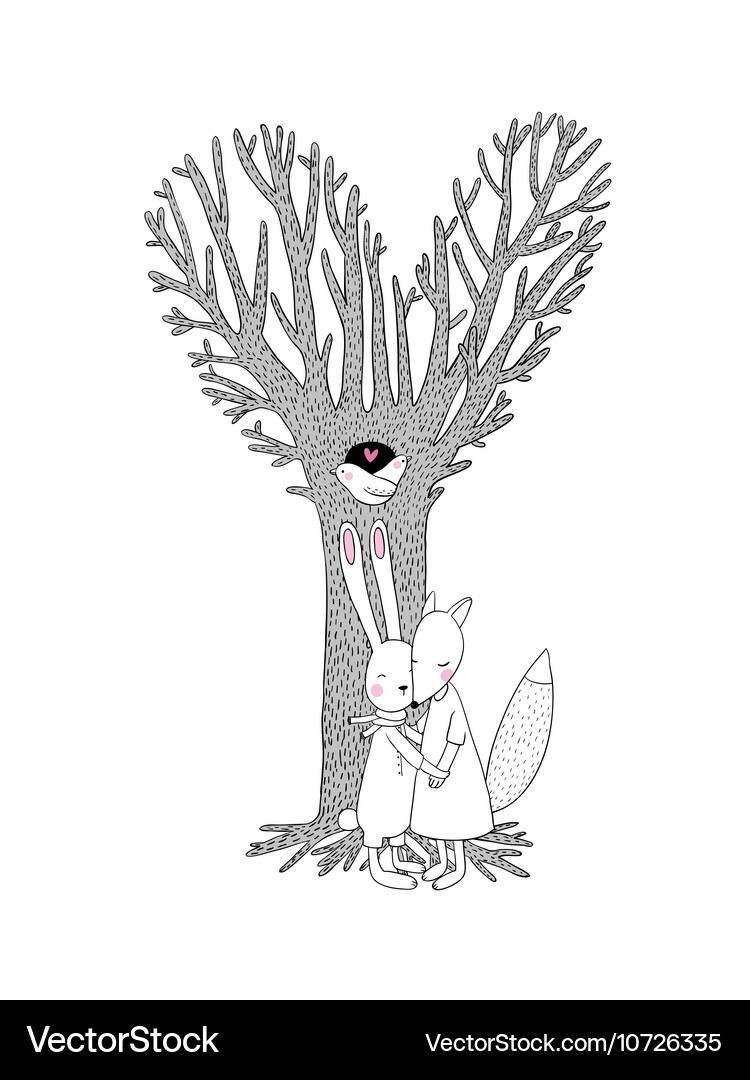 Beautiful magic tree two birds in a hollow hare Vector Image