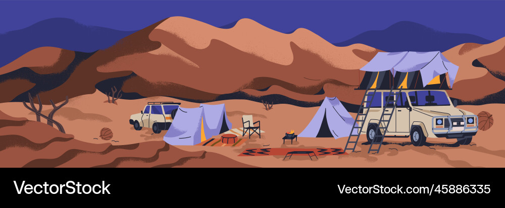 Desert camp at night landscape panorama Royalty Free Vector