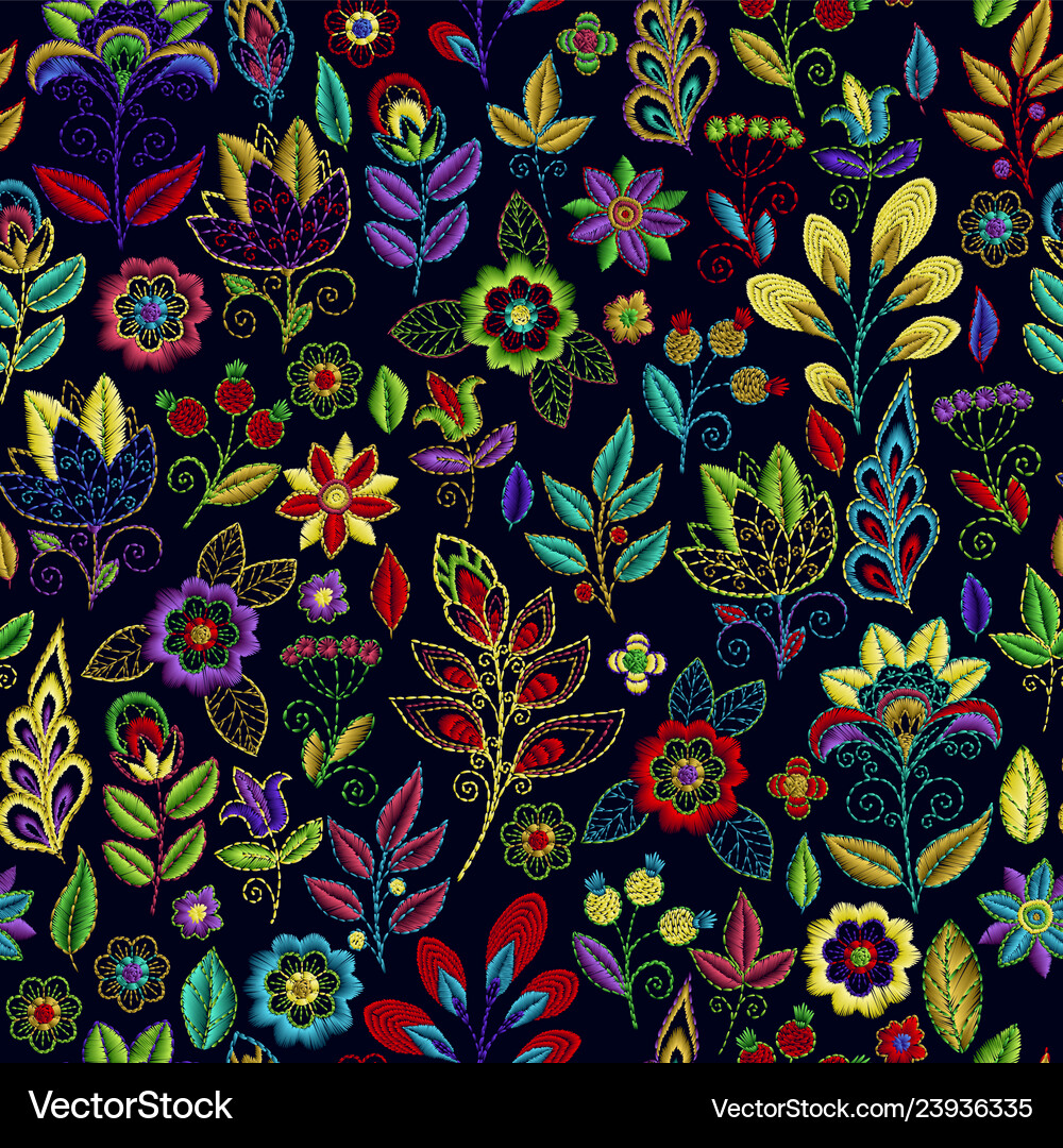 Embroidery seamless pattern with beautiful flowers