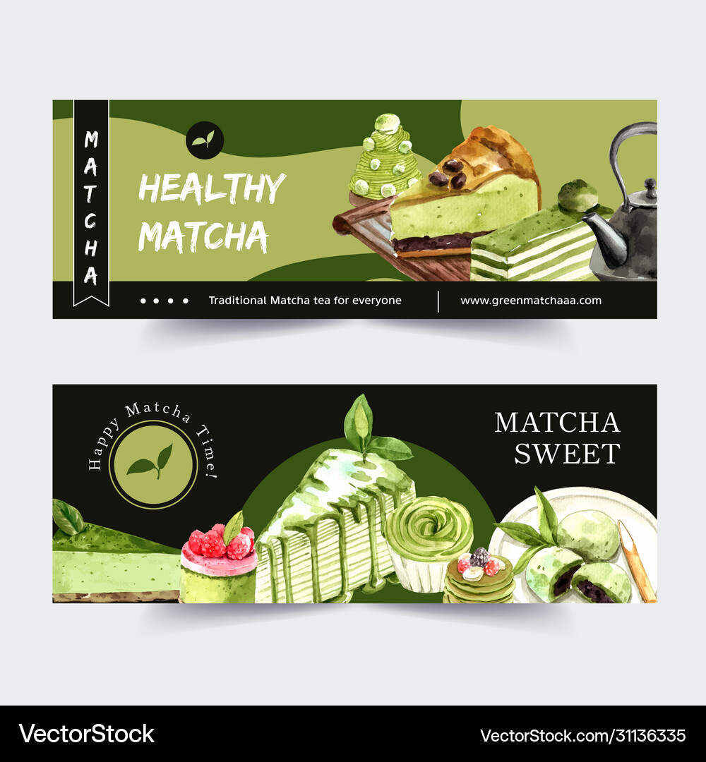 Matcha sweet banner design with cupcake Royalty Free Vector
