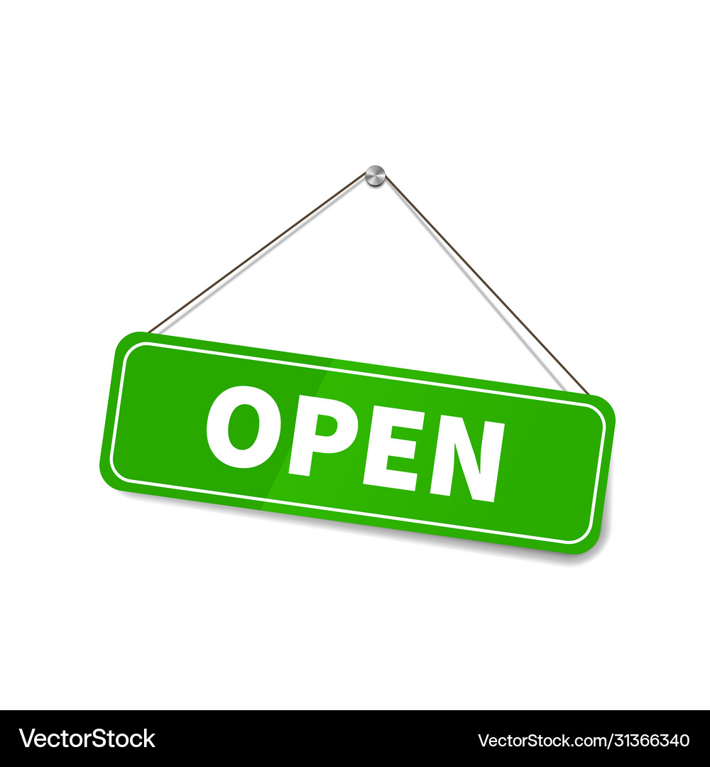 Bright glossy open sign hanging on rope Royalty Free Vector
