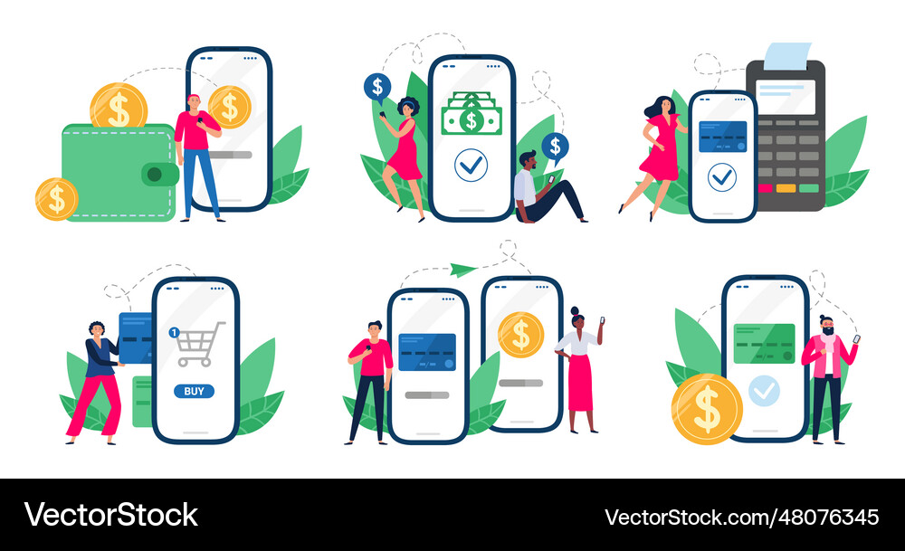 Mobile payments people with smartphones send Vector Image