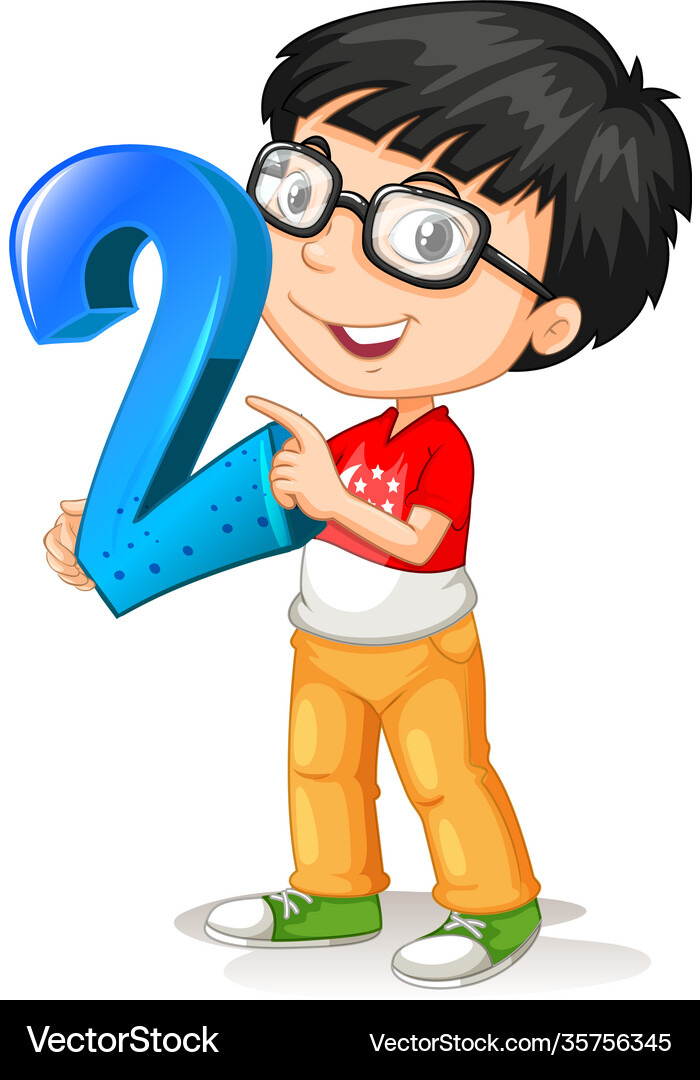 Nerdy boy wearing glasses holding math number two Vector Image